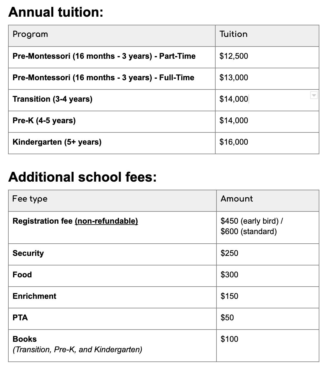 2023-24 Tuition schedule – The Shul’s Child Enrichment Center